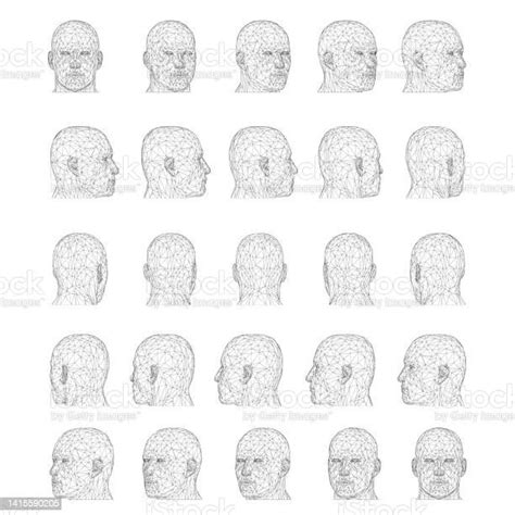흰색 배경에 고립 된 검은 선과 다른 위치에있는 남자의 머리 골격으로 설정됩니다 머리가 열다섯 도로 변합니다 정면보기 3d 벡터 일러스트레이션 아바타에 대한 스톡 벡터 아트