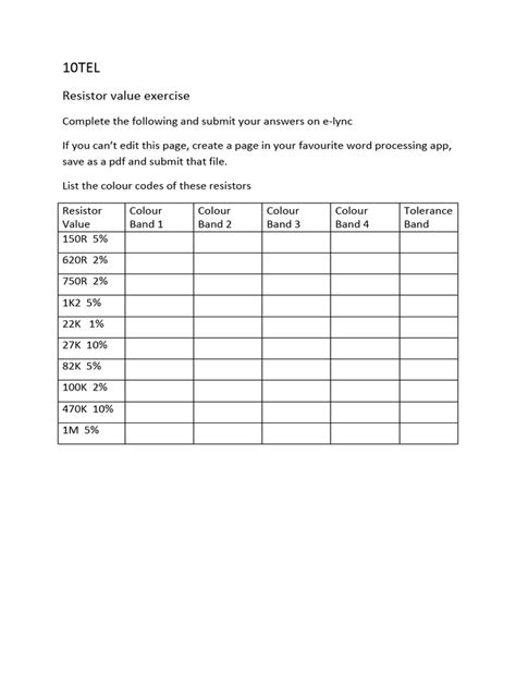 Resistor Colour Codes Exercise Pdf Home And Garden Computers