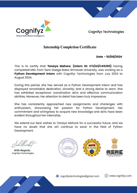 completed python development internship at cognifyz tanaya mahore