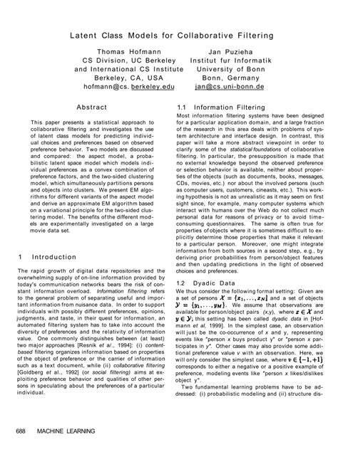 Pdf Latent Class Models For Collaborative Filtering