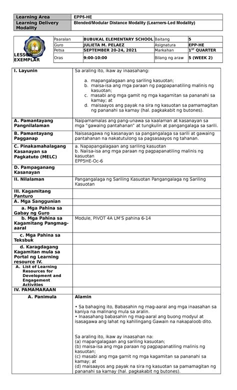 Epp5 He Q1 Week 2 Lesson Exemplar Learning Area Epp5 He Learning