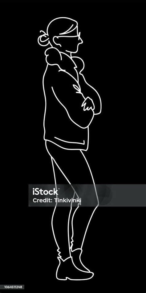 거리 옷과 안경에 여자 건너 손과 다리를 의미합니다 누군가 기다리는 여자의 벡터 그림입니다 개념입니다 밑그림입니다 라인 아트입니다 검은 배경에 흰색 라인입니다 개념에 대한