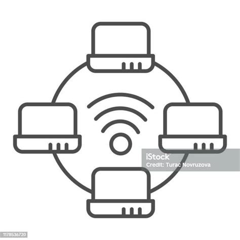 컴퓨터 네트워크 씬 라인 아이콘입니다 랩톱 네트워킹 벡터 그림이 흰색으로 격리되어 있습니다 웹 및 응용 프로그램을 위해 설계된 소셜 네트워크 개요 스타일 디자인 Eps 10