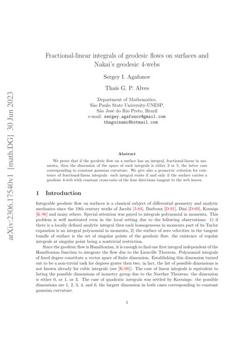 Pdf Fractional Linear Integrals Of Geodesic Flows On Surfaces And