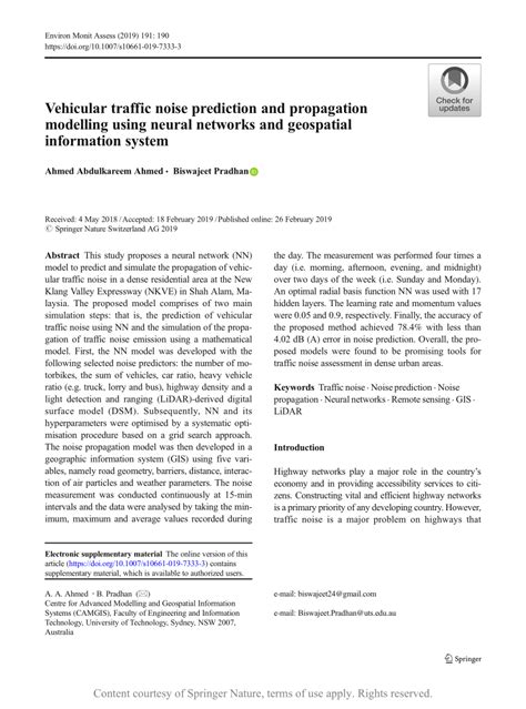 Vehicular Traffic Noise Prediction And Propagation Modelling Using Neural Networks And