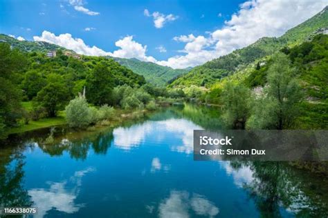 몬테네그로 푸른 하늘과 스카다르 호수 국립 공원 풍경의 녹색 자연 그대로의 자연 풍경을 통해 흐르는 Crnojevica 강의 잔잔한 물 0명에 대한 스톡 사진 및 기타