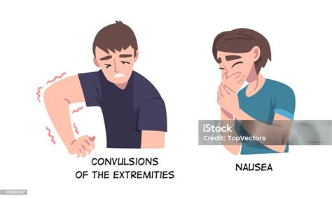 심장 뇌졸중의 증상으로 메스꺼움과 사지의 경련을 느끼는 아픈 남자와 여자 벡터 세트 감각 지각에 대한 스톡 벡터 아트 및 기타