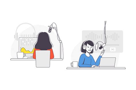 마이크 방송 및 라이브 스트리밍 개요 벡터 세트를 가진 젊은 여성과 함께하는 팟캐스트 녹음 공중에 대한 스톡 벡터 아트 및 기타