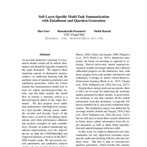Soft Layer Specific Multi Task Summarization With Entailment And Question Generation Acl Anthology