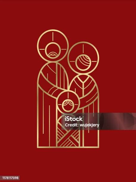 거룩한 가족 마리아와 요셉과 함께 어린 시절 예수 선형 그림 아이콘 성탄화에 대한 스톡 벡터 아트 및 기타 이미지 성탄화