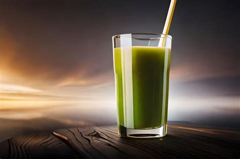 Premium Ai Image A Glass Of Green Juice With A Straw In The Middle