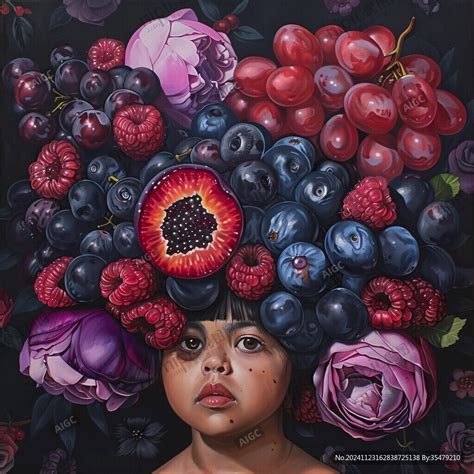 Ai创作图水果创意色彩 水果艺术画 蓝莓铜版画 果实创意画 果实装饰画 花朵水果油画 欧美水果 蓝莓插画美女 水果姑娘插画绘画 蓝莓本本插画