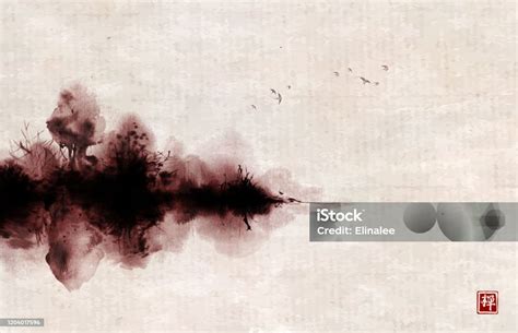 하늘에 물과 새에 반영 숲 나무와 안개 섬 전통적인 동양 수묵화 스미에 U죄 빈티지 쌀 종이 배경에 고화 상형 문자 선 0명에 대한 스톡 벡터 아트 및 기타 이미지 Istock