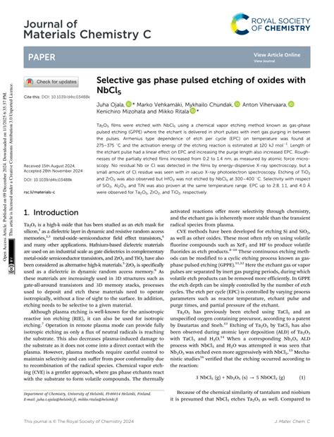 Pdf Selective Gas Phase Pulsed Etching Of Oxides With Nbcl 5