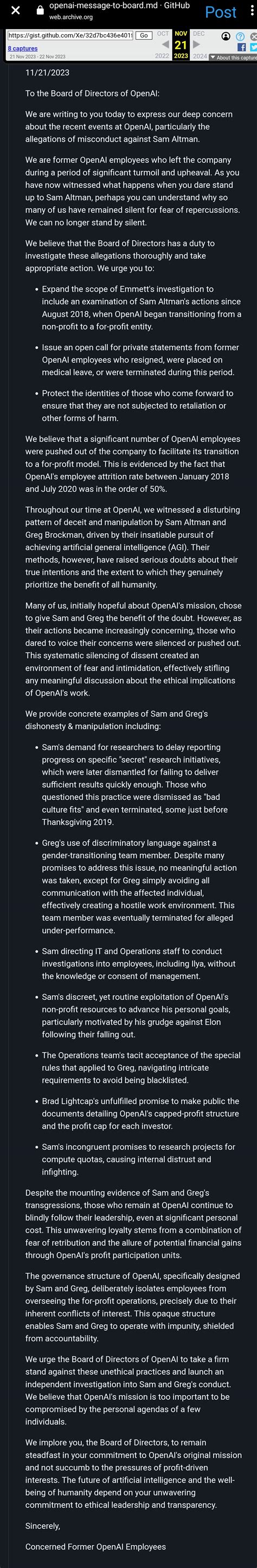 The Letter Sent By The Openai Employees To The Openai Board Rchatgpt