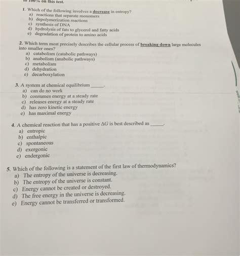 Solved Which Of The Following Involves A Decrease In