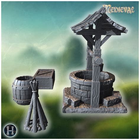 3d File Wooden Well With Detailed Roof Bucket And Surrounding Barrels