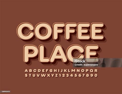 벡터 맛있는 배너 커피 플레이스 3d 트렌디 한 알파벳 문자 및 숫자 세트 갈색에 대한 스톡 벡터 아트 및 기타 이미지 갈색 그래픽 프린트 대문자 Istock