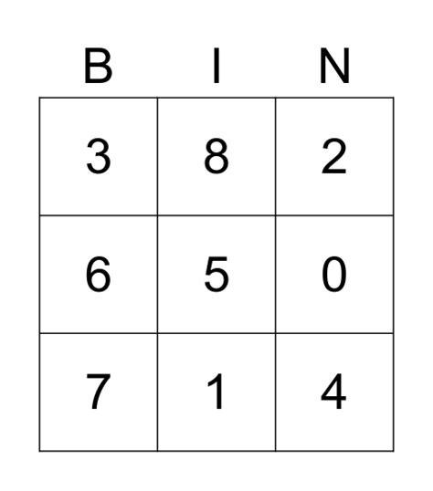 Numbers 0 10 Bingo Card