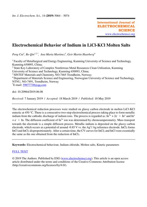Pdf Electrochemical Behavior Of Indium In Licl Kcl Molten Salts