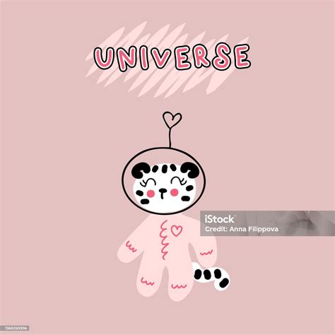 우주 비행사와 텍스트 유니버스로 손으로 그려진 흰색 호랑이 티셔츠 스티커 엽서 및 인쇄에 적합합니다 장식과 디자인을위한 만화 스타일의 벡터 일러스트레이션 0명에 대한 스톡