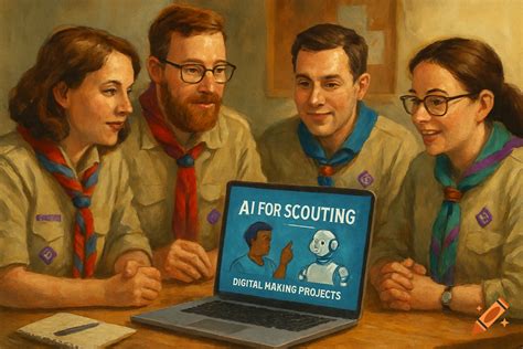 Four People In Scout Uniforms Watch A Laptop Screen Displaying Ai For