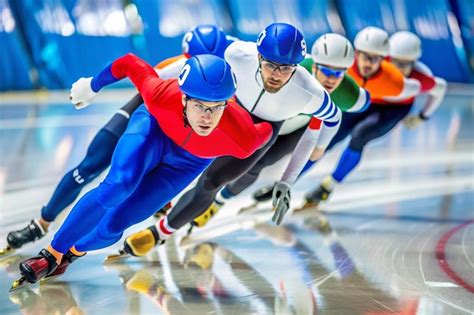 Speed Skating Speed Skaters In Aerodynamic Suits Race Around A Long