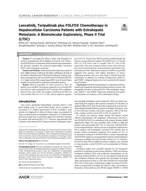 Pdf Lenvatinib Toripalimab Plus Folfox Chemotherapy In Hepatocellular Carcinoma Patients With