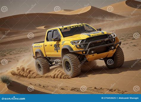 Offroad Vehicle In Sand Dunes In The Desert Yellow Rally Car With