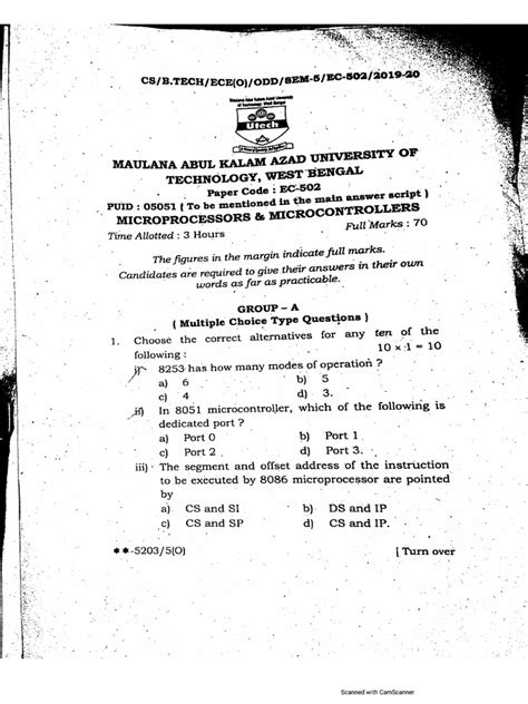 Btech Ec 5 Sem Microcontroller And Microprocessor Ec 502 2020 Pdf