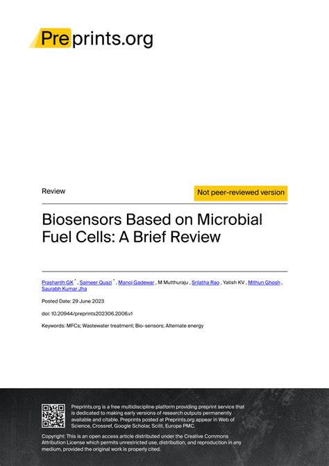 Pdf Biosensors Based On Microbial Fuel Cells A Brief Review