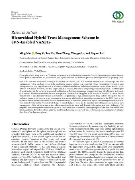 Pdf Hierarchical Hybrid Trust Management Scheme In Sdn Enabled Vanets