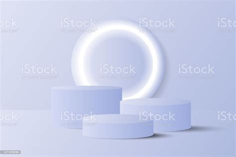 3d 실린더 모양 제품 디스플레이 연단은 밝은 파란색 보라색 배경과 밝은 원에 플랫폼을 설정합니다 제품 쇼케이스를 위한 최소한의