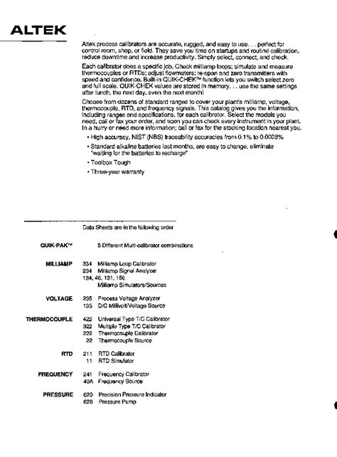 Altek 11 22 40 46 131 134 156 211 222 234 235 322 422 620 628 Process Calibrators Milliamp Loop