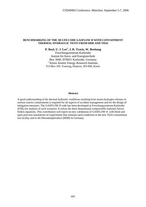 Pdf Benchmarking Of The 3d Cfd Code Gasflow Ii With