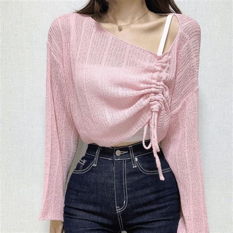 청순섹시데일리템 레이어드 스트랩 원오프 언발 오프숄더 셔링 입술넥 여름 간절기 얇은 크롭 긴팔니트 6col 에이블리