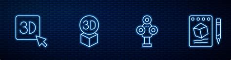 종이에 라인 3d 스캐너 프린터 등각 투영 큐브 및 스케치를 설정합니다 벽돌 벽에 빛나는 네온 아이콘입니다 벡터 3차원 형태에 대한 스톡 벡터 아트 및 기타 이미지 Istock