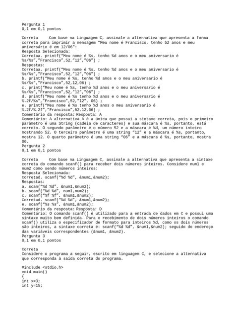 Questionario Linguagem E Tecnicas De Programação Ii Download Grátis Pdf C Linguagem De