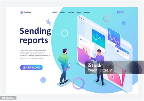 아이소메트릭 보고서에 대 한 데이터를 수집 하 고 전송 젊은 기업가는 화면의 데이터를 논의 한다 템플릿 랜딩 페이지 거래자에 대한 스톡 벡터 아트 및 기타 이미지 Istock