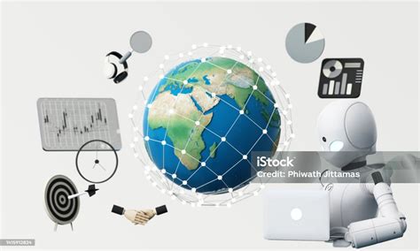 로봇 사이버네틱 유기체는 현실에서 가상 Hud 인터페이스와 톱니바퀴가 달린 Ai 칩과 함께 작동합니다 플라스틱 얼굴이있는 휴머노이드 로봇이 디지털 화면을 누릅니다 미래 개념