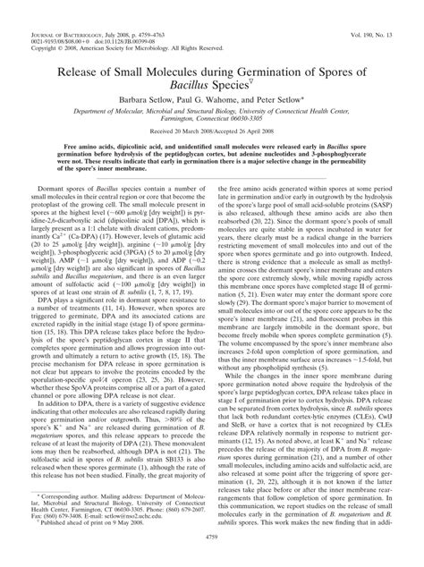 Pdf Release Of Small Molecules During Germination Of Spores Of Bacillus Species
