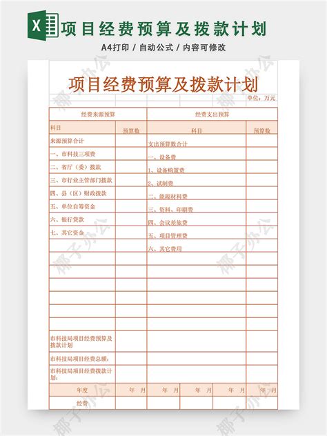 项目经费预算拨款计划表excel模板 椰子办公