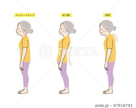 シニア女性の良い姿勢と悪い姿勢の見本のイラスト素材 97918792 PIXTA