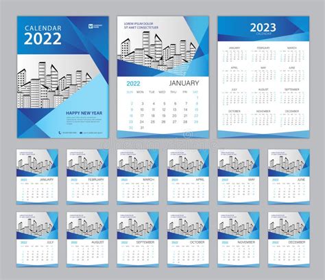 日历2022模板和12个月套桌面日历2022设计日历2023设计海报蓝色封面设计矢量图 向量例证 插画 包括有 简单 威严的