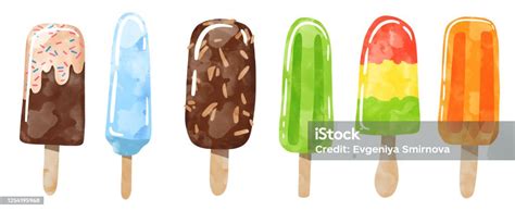 수채화 아이스크림 아이스크림 롤리 에스키모 파이를 스틱에 초콜릿 아이싱 리빙 리딩 세트 수채화 일러스트레이션 오렌지 감귤류 과일에 대한 스톡 벡터 아트 및 기타 이미지