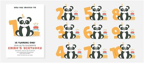 아이들을위한 인사말 및 초대장 생일 파티 귀여운 아기 팬더 케이크 평평한 어린이 스타일의 숫자 벡터 일러스트 레이 션 카드 포스터 이벤트에 대한 디자인 가공의 인물에 대한