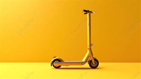 노란색 배경의 금색 받침대에 표시된 현대적인 에코 전기 킥 스쿠터의 3d 렌더링 타다 배경 3d 침대 배경 현대적 배경 이미지 Hd 타다 3d 침대 현대적 배경