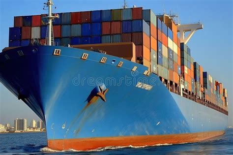 Cargo Ship Navigating The Ocean With Colorful Container Cargo In Bright Daylight Stock