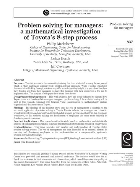 Problem Solving For Managers A Mathematical Investigation Of Toyotas