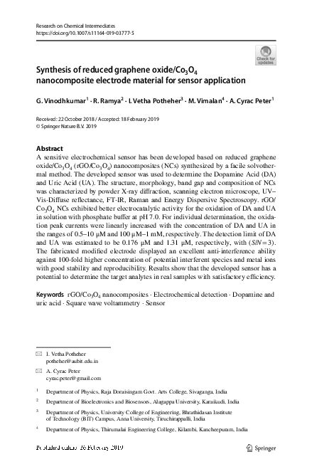 Pdf Synthesis Of Reduced Graphene Oxide Co3o4 Nanocomposite Electrode Material For Sensor